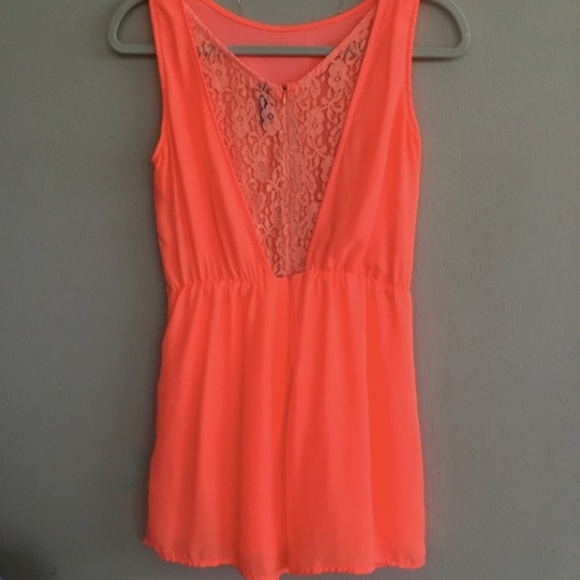 San Joy | Pants & Jumpsuits | San Joy Neon Orange Lace Open Back Romper ...